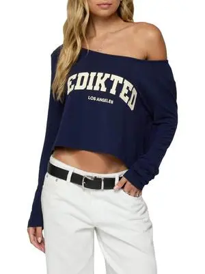 EDIKTED Off-the-shoulder Graphic T-shirt - Navy-and-cream