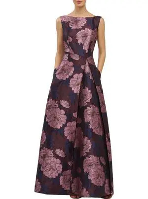 KAY UNGER Caitlin Metallic Floral Jacquard Gown - Primrose Multi