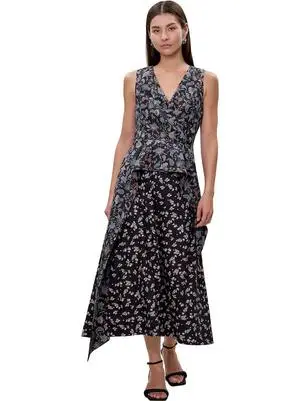 Rebecca Taylor Aurelia Stretch Linen Tea Length Dress - Navy Multi
