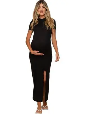 PINKBLUSH Mock Neck Front Slit Maxi Dress - Black