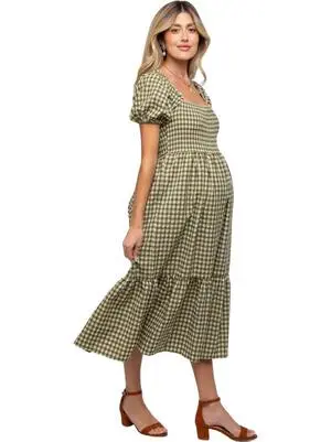 PINKBLUSH Gingham Smocked Midi Dress - Olive Green