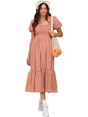 PINKBLUSH Gingham Smocked Midi Dress - Rust