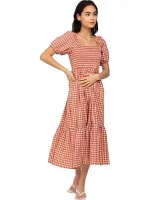 PINKBLUSH Gingham Smocked Midi Dress - Rust