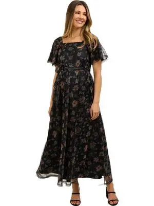 PINKBLUSH Floral Waist Tie Midi Dress - Black