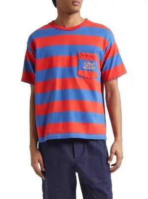 BODE Clubhouse Logo Embroidered Stripe Pocket T-shirt - Red Blue