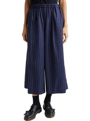 Comme Des Garçons Pinstripe Wool & Silk Blend Wide Leg Pants - Navy