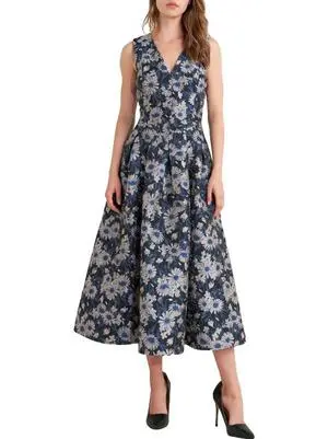 FREEMARKET Floral Jacquard A-line Midi Dress - Navy Multi