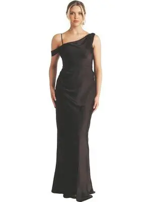 SIX STORIES Asymmetric Bardot Satin Dress - Black