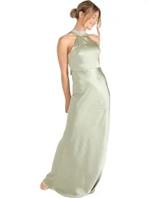 SIX STORIES Halter Neck Satin Gown - Sage