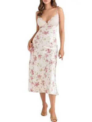 House Of Cb Felicity Bias Cut Satin Midi Dress - Ivory Floral Print