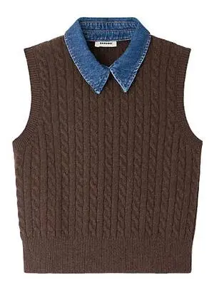 Sandro Denim-collar Ribbed Wool-blend Jumper - Brown