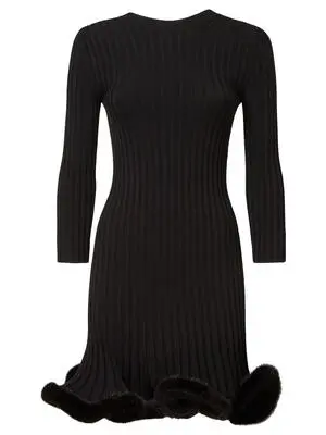 Fendi Rib Knit Mini Dress With Mink Trims - Black