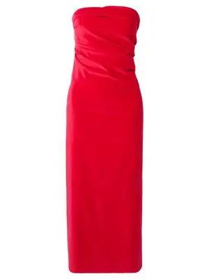 Tove Sabella Strapless Ruched Velvet Midi Dress - Red