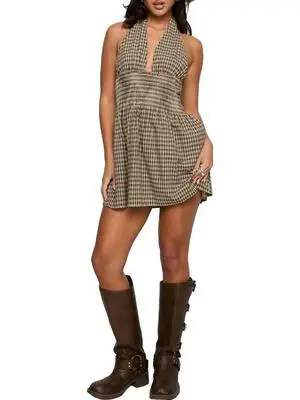 Princess Polly Juanette Check Halter Mini Dress - Brown Check