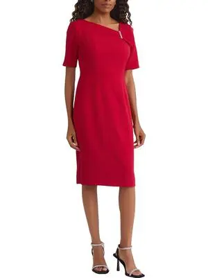 KASPER Asymmetric Neck Sheath Dress - Fire Red