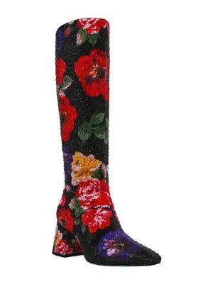 Betsey Johnson Rhinestone Floral Knee High Boots - Black Flower Multi