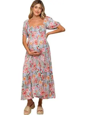 PINKBLUSH Floral Smocked Square Neck Tiered Maxi Dress - Blue