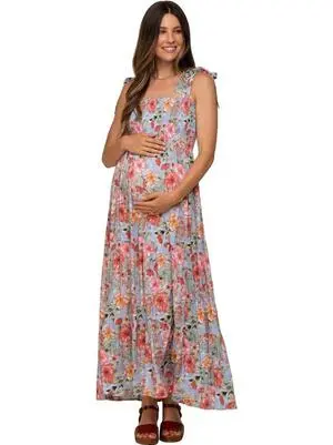 PINKBLUSH Floral Smocked Shoulder Tie Tiered Maxi Dress - Light Blue