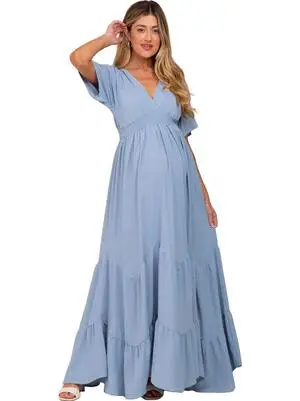 PINKBLUSH Deep V-neck Maxi Dress - Light Blue