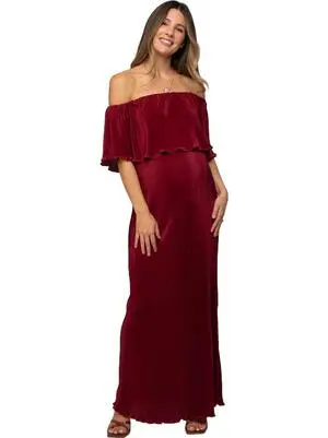PINKBLUSH Pleated Ruffle Off Shoulder Maxi Dress - Burgundy