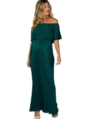 PINKBLUSH Pleated Ruffle Off Shoulder Maxi Dress - Forest Green