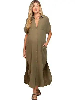 PINKBLUSH Button Down Midi Dress - Olive Green