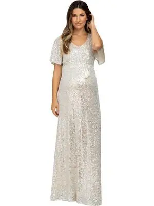 PINKBLUSH Sequin Short Sleeve Maternity Maxi Dress Cream