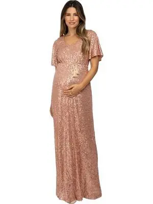 PINKBLUSH Sequin Short Sleeve Maternity Maxi Dress Pink