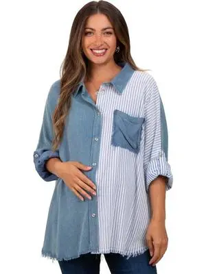 PINKBLUSH Colorblock Stripe Oversized Button Down - Blue