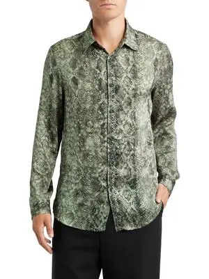 OPEN EDIT Snakeskin Print Satin Button-up Shirt - Black- Grey Slither Stripe