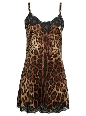 Dolce & Gabbana Leopard Print Stretch Satin & Lace Slipdress - Leo New