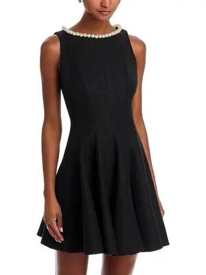 Aqua Faux Pearl Trim Tweed Mini Dress - Black