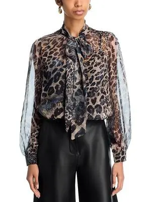 Aqua Leopard Print Tie Neck Top - Brown Multi