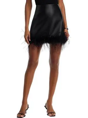 Aqua Faux Leather Feather Trim Mini Skirt - Black