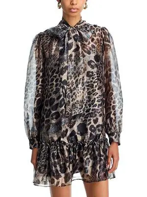 Aqua Leopard Tie Neck Long Sleeve Drop Waist Dress - Brown Multi
