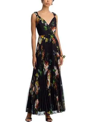 Aqua Pleated Floral Sleeveless Maxi Dress - Black Multi