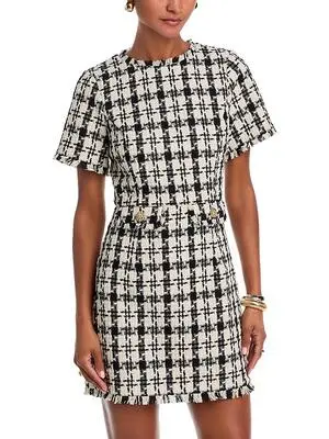 Aqua Short Sleeve Tweed Shift Dress With Pockets - White/black