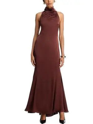 Aqua Satin Maxi Dress - Brown