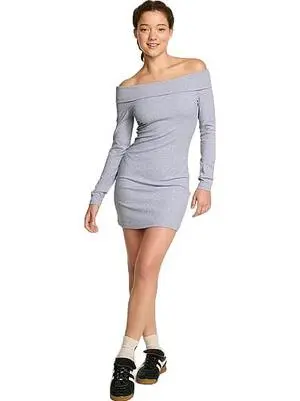 Pink All-day Soft Rib Off-the-shoulder Mini Dress - Grey