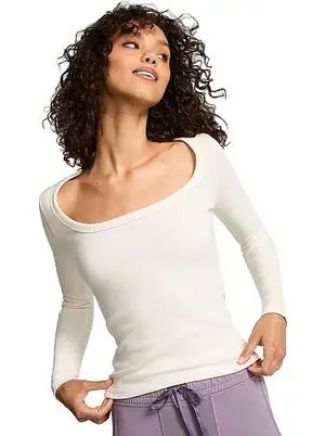 Pink Ribbed Scoop Neck Long-Sleeve Tee Beige