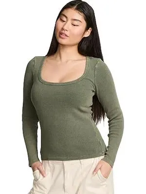 Pink Ribbed Scoop Neck Long-sleeve Tee - Green
