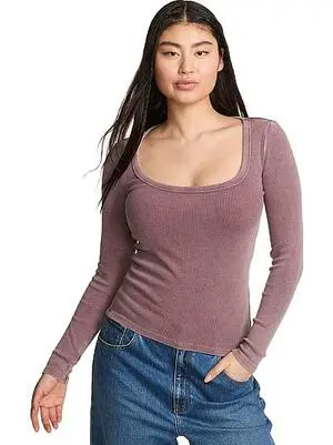 Pink Ribbed Scoop Neck Long-Sleeve Tee Purple