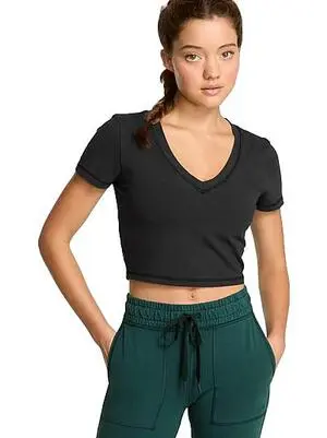 Pink All-day Cotton V-neck Cropped Tee - Black