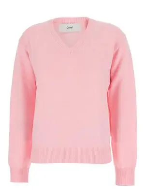 DUNST V-neck Cashmere Sweater With Ribbed Details - Pink