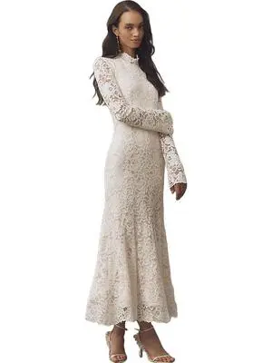 Bhldn Long-sleeve Mock-neck Stretch Lace Maxi Dress - White Dahlia