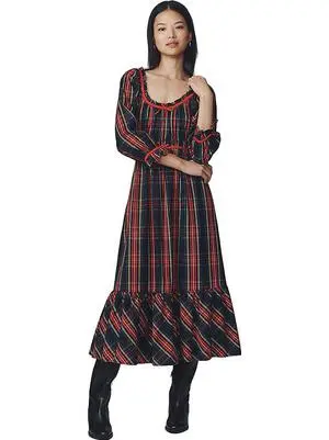 PINK CITY PRINTS Agatha Scoop-neck Ruffle-hem Midi Dress - Midnight Tartan