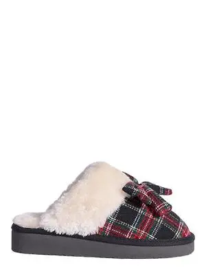 Minnetonka Bow Scuff Slide Slippers - Black Plaid