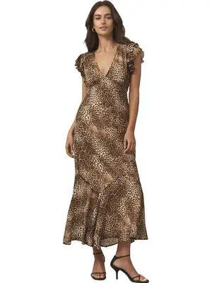 Bhldn Flutter-sleeve Plunge Maxi Dress - Cheetah