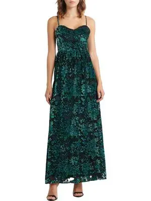 Lulus Minka Floral Velvet Burnout Gown - Emerald Multi