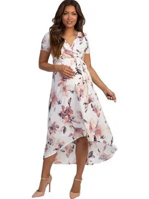 PINKBLUSH Floral Hi-low Maternity Wrap Dress - Ivory